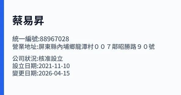 蔡易昇的照片-統編 88967028(屏東縣) 公司登記資料與營業項目詳細圖表