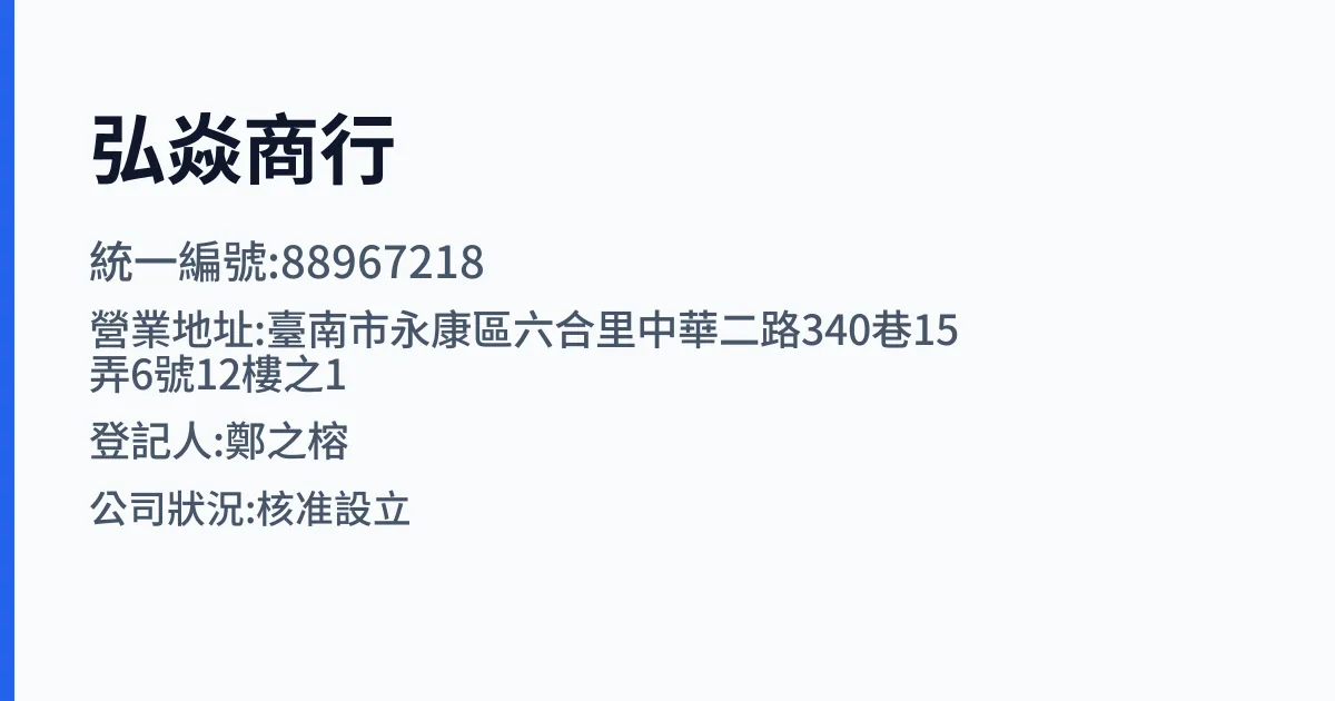弘焱商行 - 統編 88967218(臺南市) 公司登記資料與營業項目詳細圖表