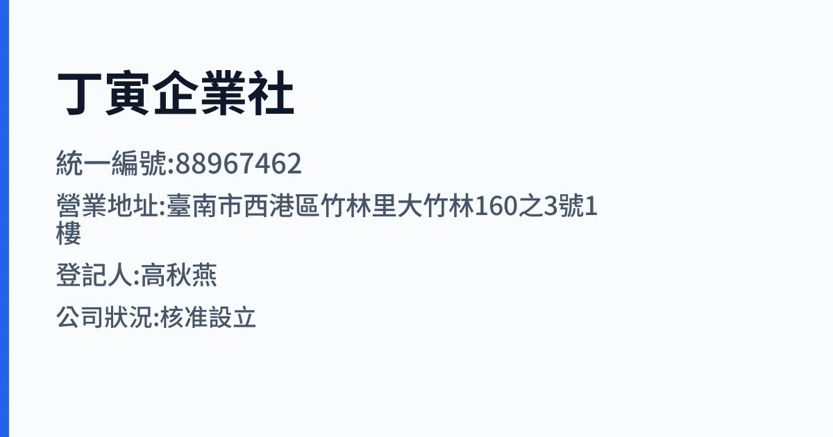 丁寅企業社 - 統編 88967462(臺南市) 公司登記資料與營業項目詳細圖表