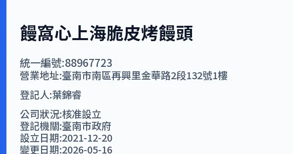 饅窩心上海脆皮烤饅頭的照片-統編 88967723(臺南市) 公司登記資料與營業項目詳細圖表