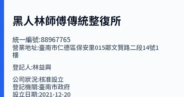 黑人林師傅傳統整復所的照片-統編 88967765(臺南市) 公司登記資料與營業項目詳細圖表
