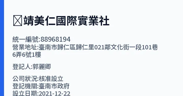 覌靖美仁國際實業社的照片-統編 88968194(臺南市) 公司登記資料與營業項目詳細圖表
