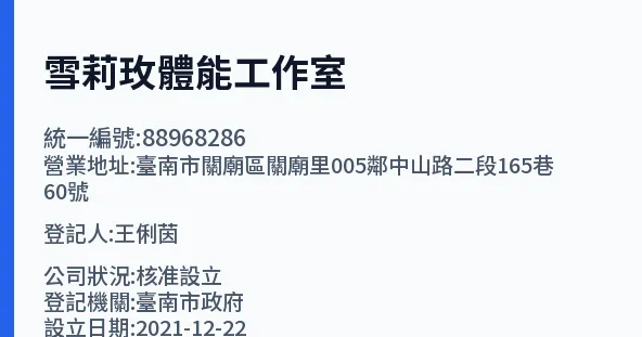 雪莉玫體能工作室的照片-統編 88968286(臺南市) 公司登記資料與營業項目詳細圖表