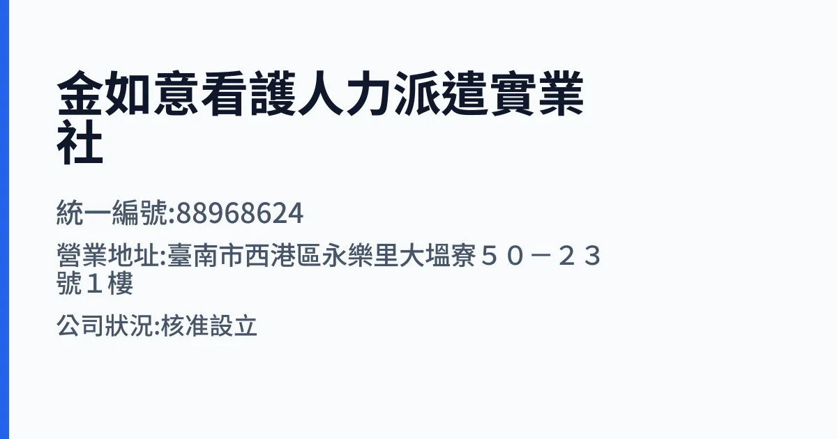 金如意看護人力派遣實業社 - 統編 88968624(臺南市) 公司登記資料與營業項目詳細圖表