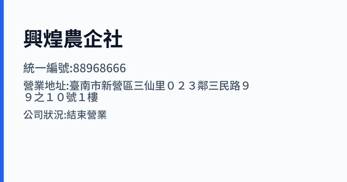 興煌農企社 - 統編 88968666(臺南市) 公司登記資料與營業項目詳細圖表