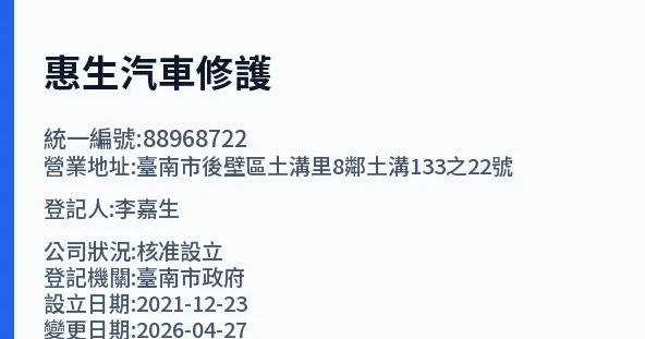 惠生汽車修護的照片-統編 88968722(臺南市) 公司登記資料與營業項目詳細圖表