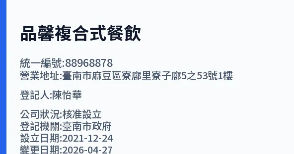 品馨複合式餐飲的照片-統編 88968878(臺南市) 公司登記資料與營業項目詳細圖表