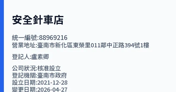 安全針車店的照片-統編 88969216(臺南市) 公司登記資料與營業項目詳細圖表
