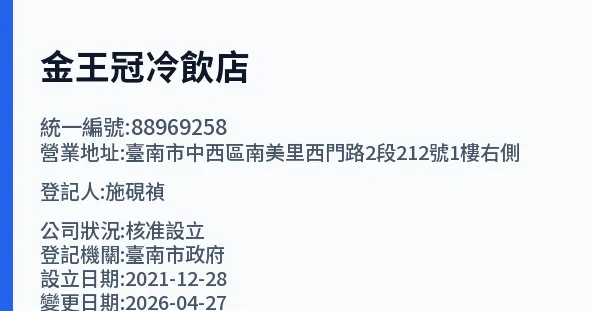金王冠冷飲店的照片-統編 88969258(臺南市) 公司登記資料與營業項目詳細圖表
