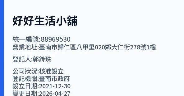 好好生活小舖的照片-統編 88969530(臺南市) 公司登記資料與營業項目詳細圖表