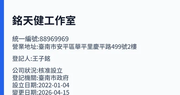 銘天健工作室的照片-統編 88969969(臺南市) 公司登記資料與營業項目詳細圖表
