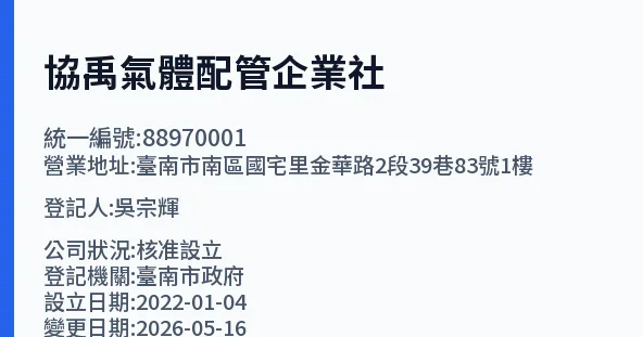 協禹氣體配管企業社的照片-統編 88970001(臺南市) 公司登記資料與營業項目詳細圖表