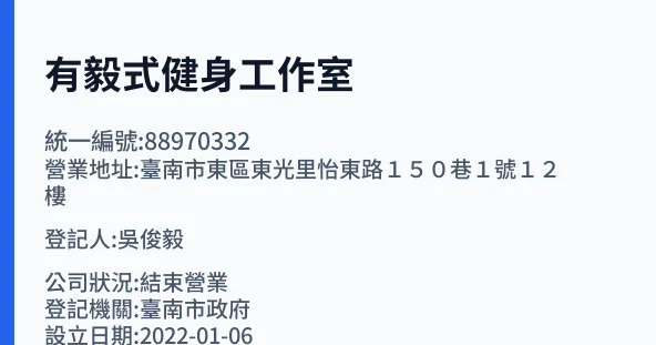 有毅式健身工作室的照片-統編 88970332(臺南市) 公司登記資料與營業項目詳細圖表