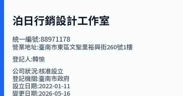 泊日行銷設計工作室的照片-統編 88971178(臺南市) 公司登記資料與營業項目詳細圖表