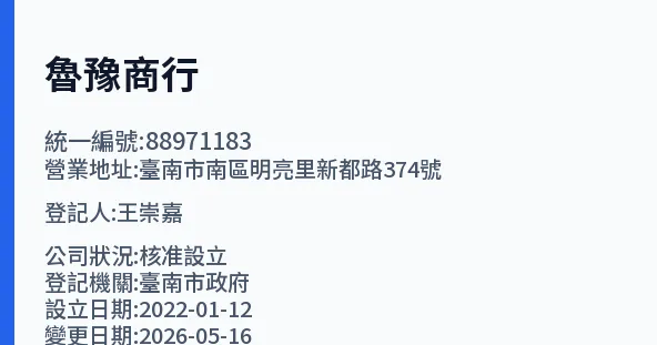 魯豫商行的照片-統編 88971183(臺南市) 公司登記資料與營業項目詳細圖表