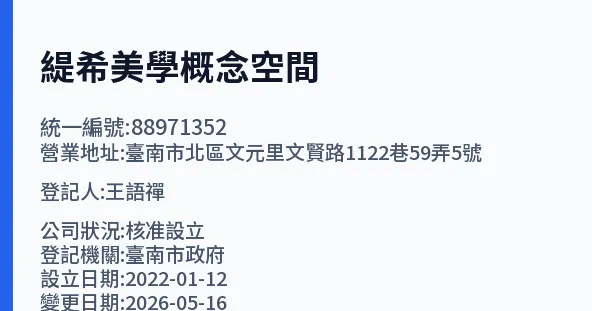 緹希美學概念空間的照片-統編 88971352(臺南市) 公司登記資料與營業項目詳細圖表