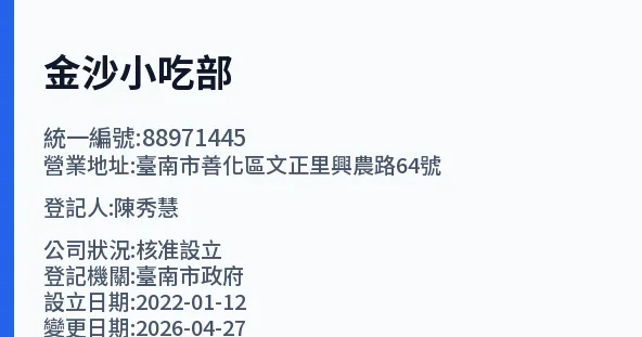 金沙小吃部的照片-統編 88971445(臺南市) 公司登記資料與營業項目詳細圖表