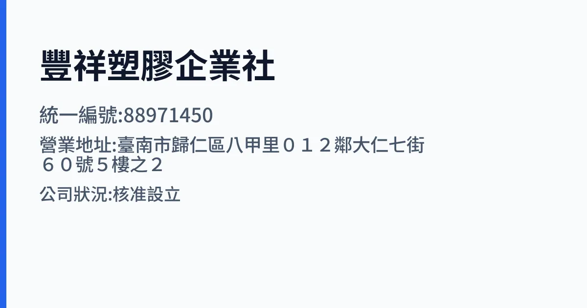 豐祥塑膠企業社 - 統編 88971450(臺南市) 公司登記資料與營業項目詳細圖表