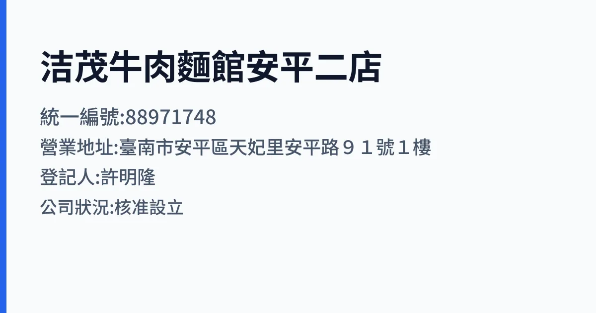 洁茂牛肉麵館安平二店 - 統編 88971748(臺南市) 公司登記資料與營業項目詳細圖表