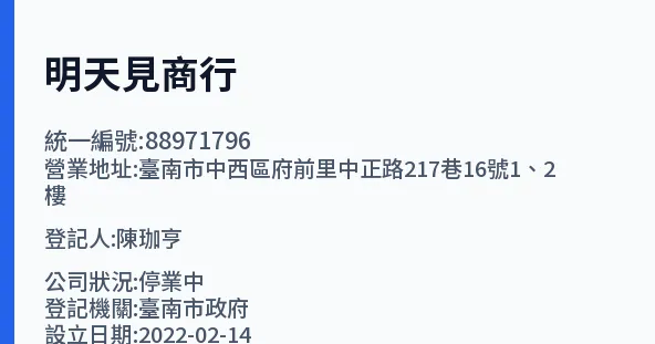 明天見商行的照片-統編 88971796(臺南市) 公司登記資料與營業項目詳細圖表