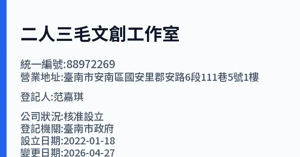二人三毛文創工作室的照片-統編 88972269(臺南市) 公司登記資料與營業項目詳細圖表