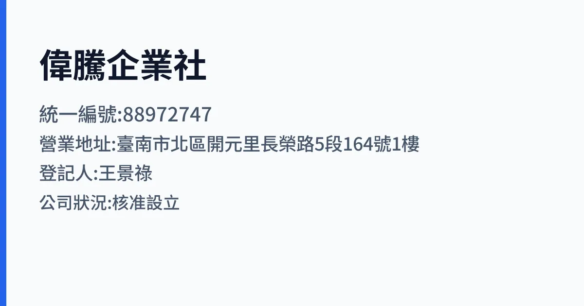 偉騰企業社 - 統編 88972747(臺南市) 公司登記資料與營業項目詳細圖表