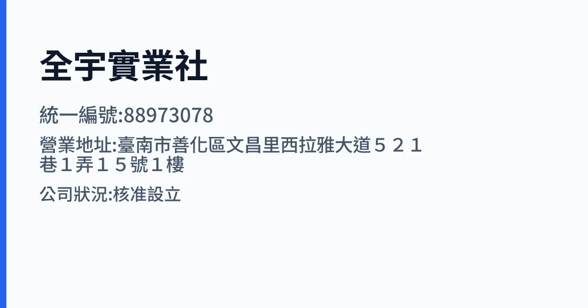 全宇實業社 - 統編 88973078(臺南市) 公司登記資料與營業項目詳細圖表