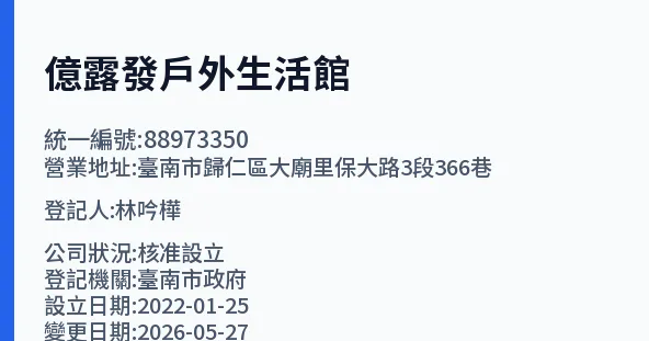 億露發戶外生活館的照片-統編 88973350(臺南市) 公司登記資料與營業項目詳細圖表