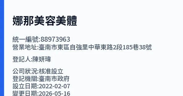 娜那美容美體的照片-統編 88973963(臺南市) 公司登記資料與營業項目詳細圖表