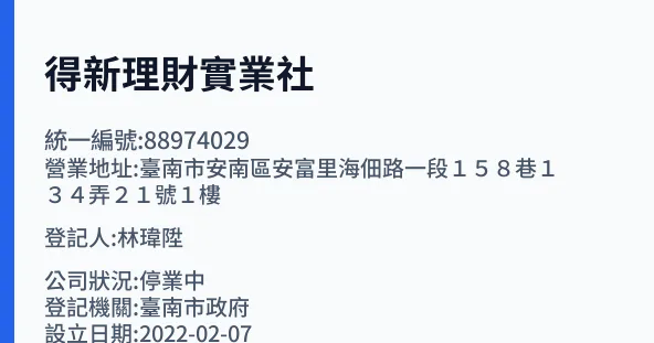得新理財實業社的照片-統編 88974029(臺南市) 公司登記資料與營業項目詳細圖表