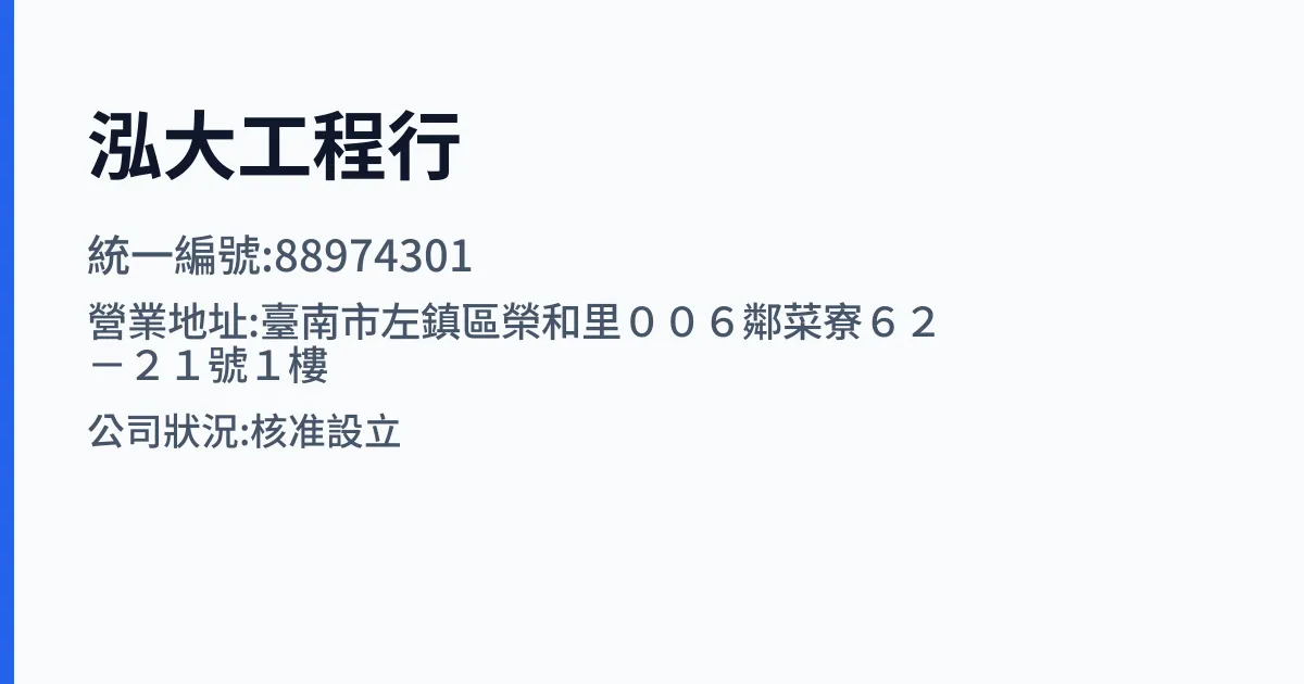 泓大工程行 - 統編 88974301(臺南市) 公司登記資料與營業項目詳細圖表