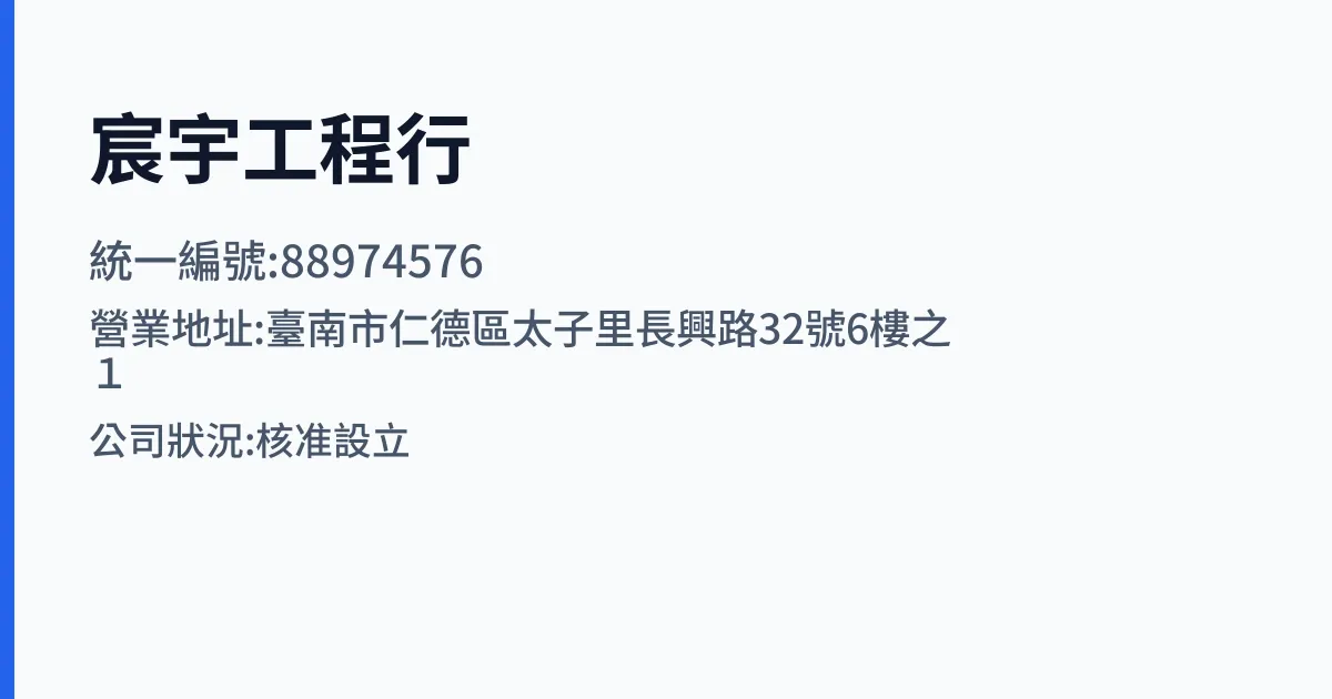 宸宇工程行 - 統編 88974576(臺南市) 公司登記資料與營業項目詳細圖表