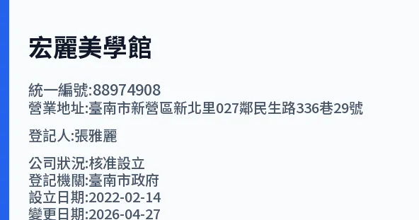 宏麗美學館的照片-統編 88974908(臺南市) 公司登記資料與營業項目詳細圖表