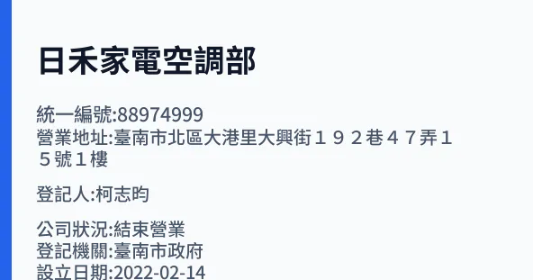 日禾家電空調部的照片-統編 88974999(臺南市) 公司登記資料與營業項目詳細圖表