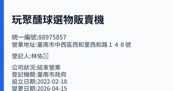 玩聚醺球選物販賣機的照片-統編 88975857(臺南市) 公司登記資料與營業項目詳細圖表