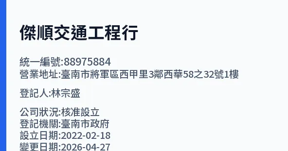 傑順交通工程行的照片-統編 88975884(臺南市) 公司登記資料與營業項目詳細圖表