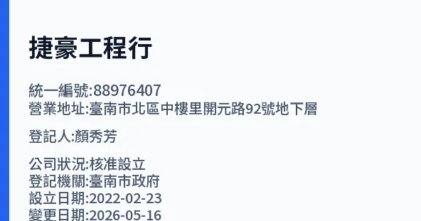 捷豪工程行的照片-統編 88976407(臺南市) 公司登記資料與營業項目詳細圖表