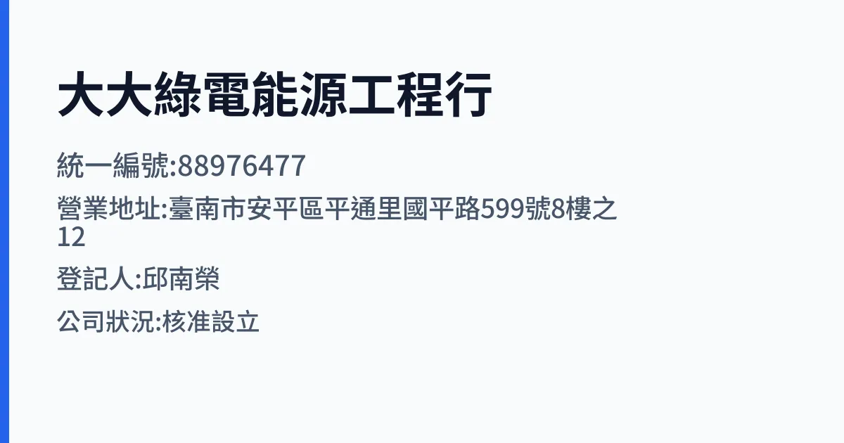 大大綠電能源工程行 - 統編 88976477(臺南市) 公司登記資料與營業項目詳細圖表