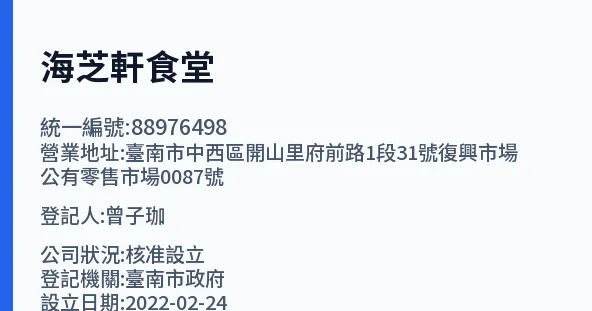 海芝軒食堂的照片-統編 88976498(臺南市) 公司登記資料與營業項目詳細圖表