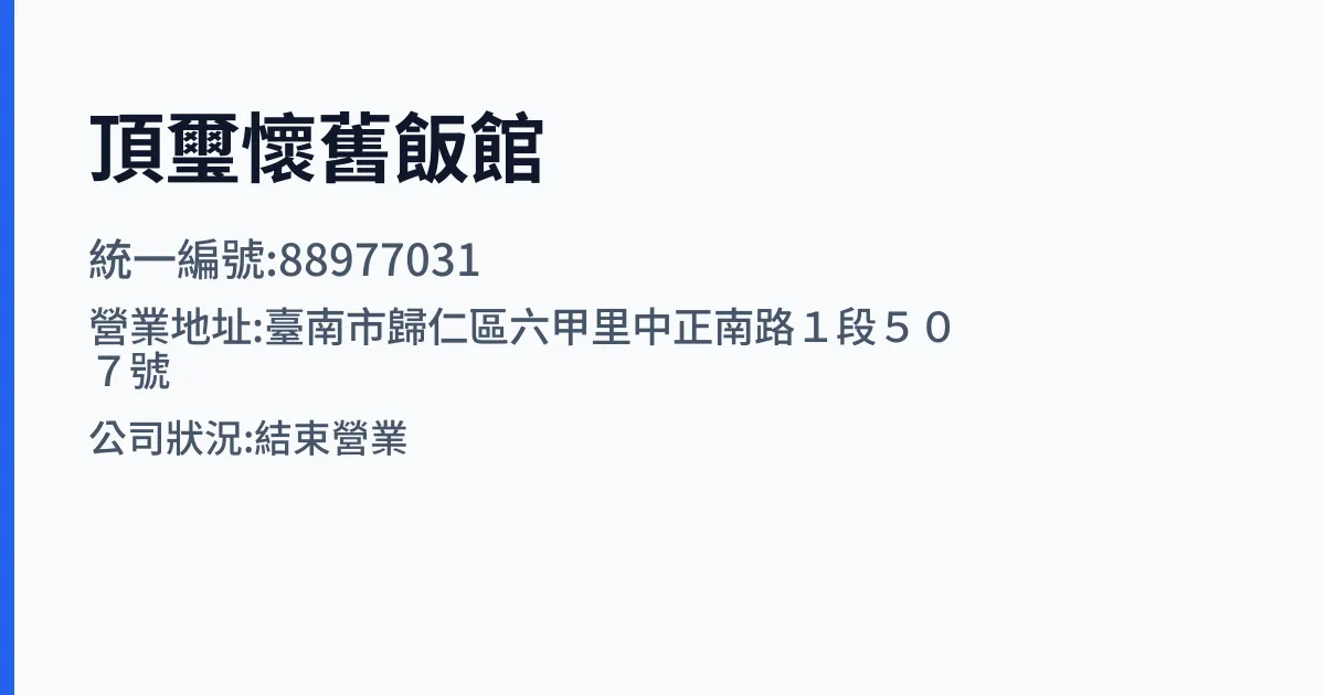 頂璽懷舊飯館 - 統編 88977031(臺南市) 公司登記資料與營業項目詳細圖表