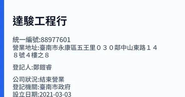 達駿工程行的照片-統編 88977601(臺南市) 公司登記資料與營業項目詳細圖表