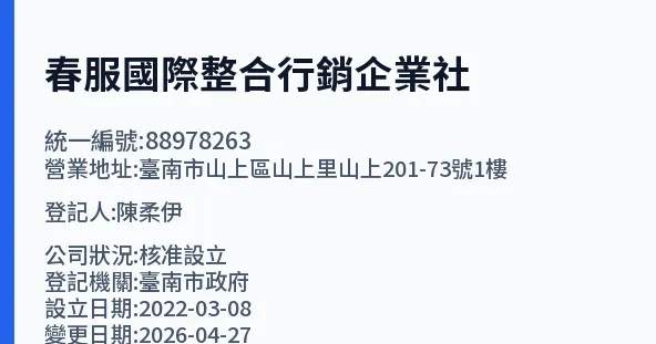 春服國際整合行銷企業社的照片-統編 88978263(臺南市) 公司登記資料與營業項目詳細圖表