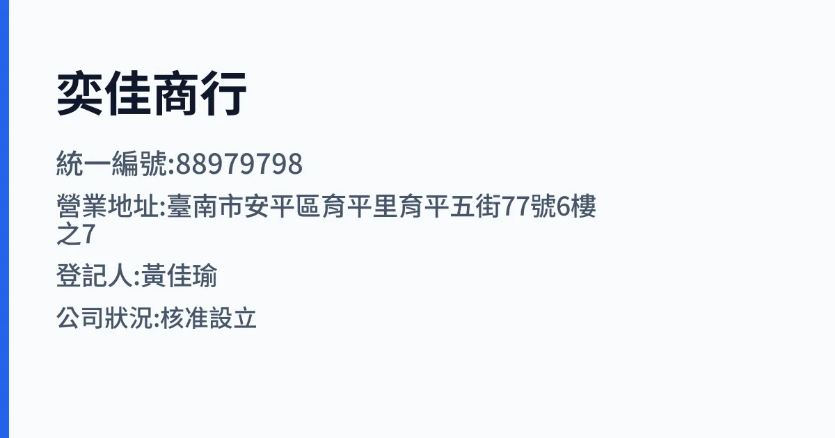 奕佳商行 - 統編 88979798(臺南市) 公司登記資料與營業項目詳細圖表