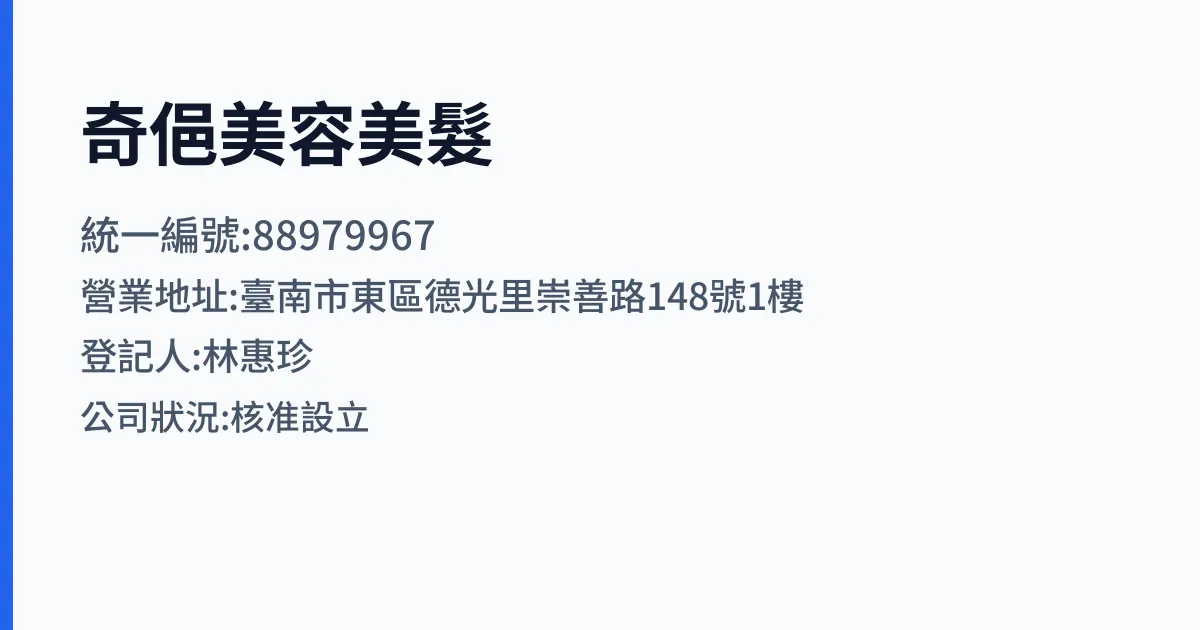 奇俋美容美髮 - 統編 88979967(臺南市) 公司登記資料與營業項目詳細圖表
