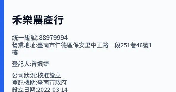 禾樂農產行的照片-統編 88979994(臺南市) 公司登記資料與營業項目詳細圖表