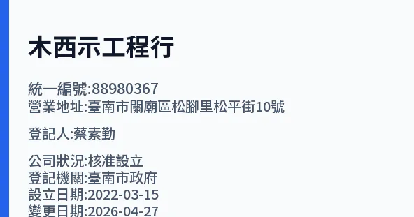 木西示工程行的照片-統編 88980367(臺南市) 公司登記資料與營業項目詳細圖表