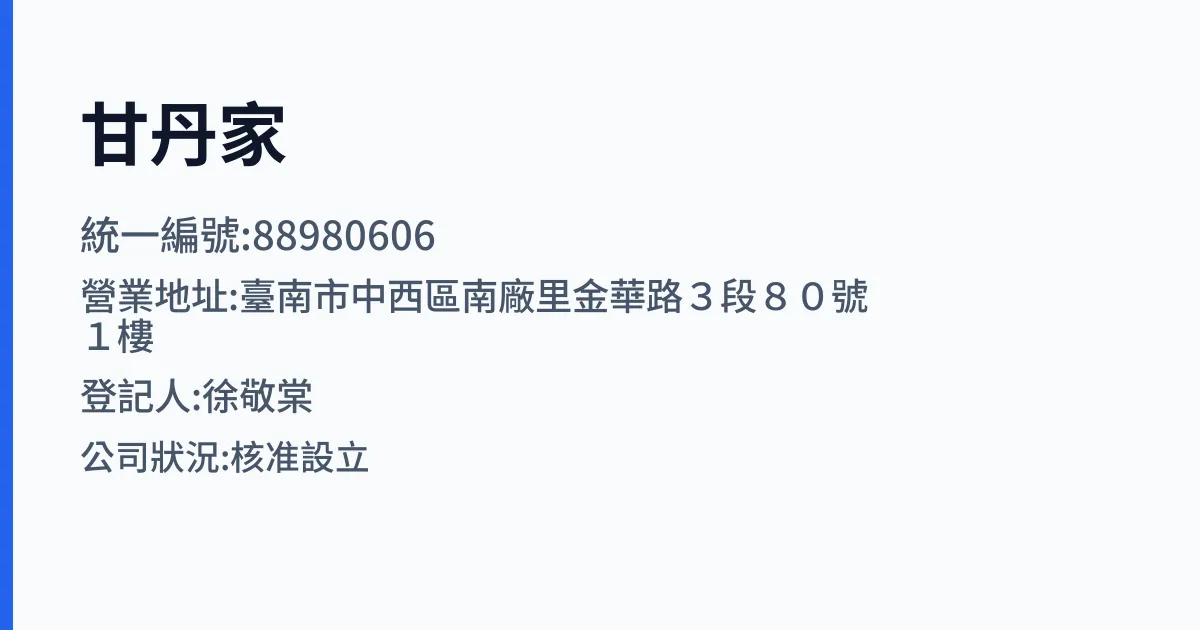 甘丹家 - 統編 88980606(臺南市) 公司登記資料與營業項目詳細圖表