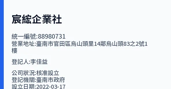 宸綋企業社的照片-統編 88980731(臺南市) 公司登記資料與營業項目詳細圖表