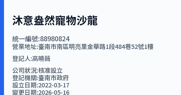 沐意盎然寵物沙龍的照片-統編 88980824(臺南市) 公司登記資料與營業項目詳細圖表