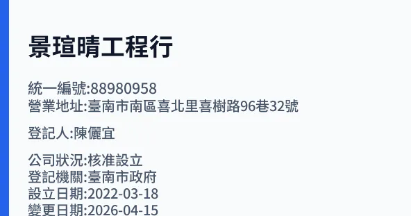 景瑄晴工程行的照片-統編 88980958(臺南市) 公司登記資料與營業項目詳細圖表